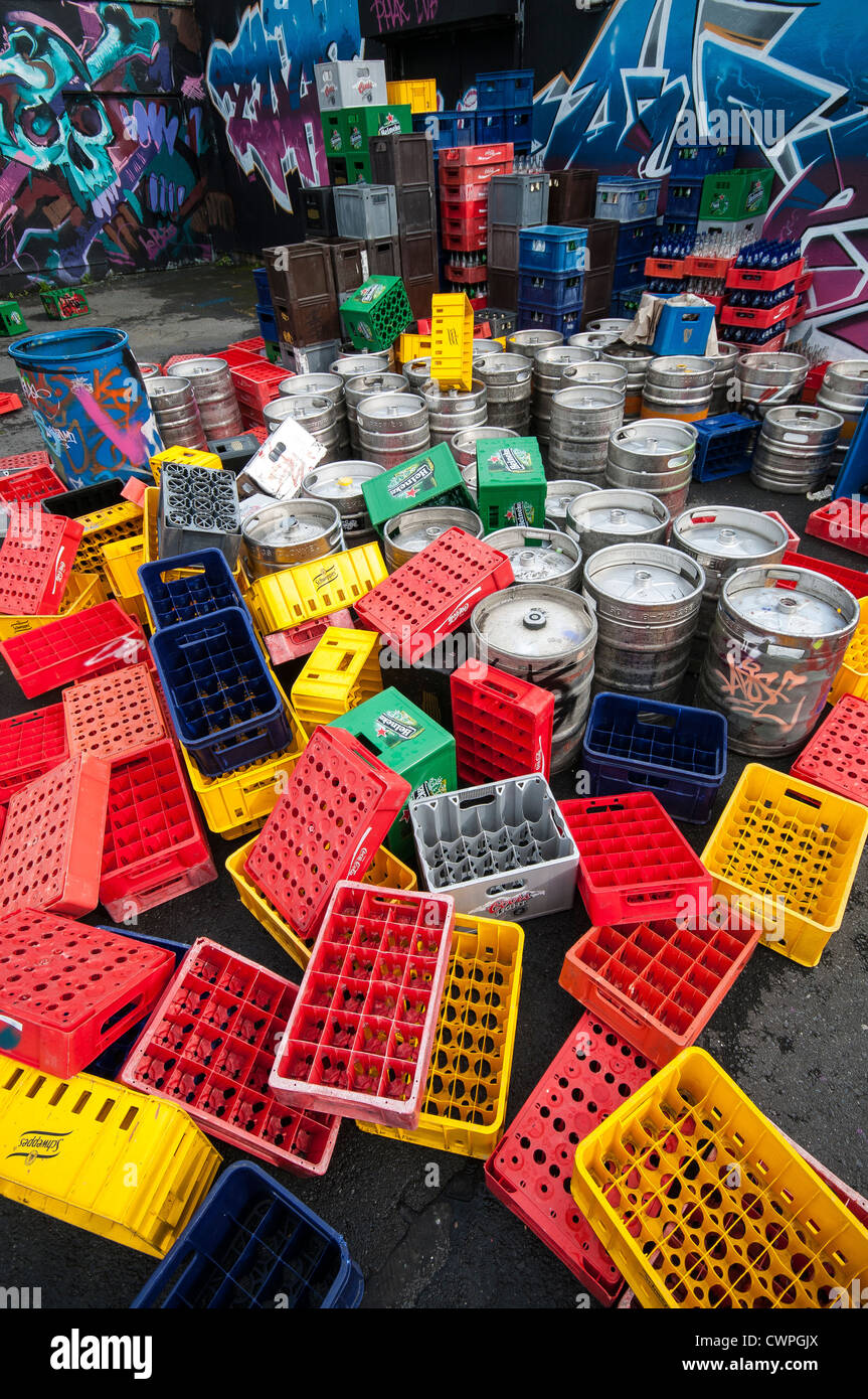 A collection of beer kegs barrels beer bottle and crates Stock Photo ...