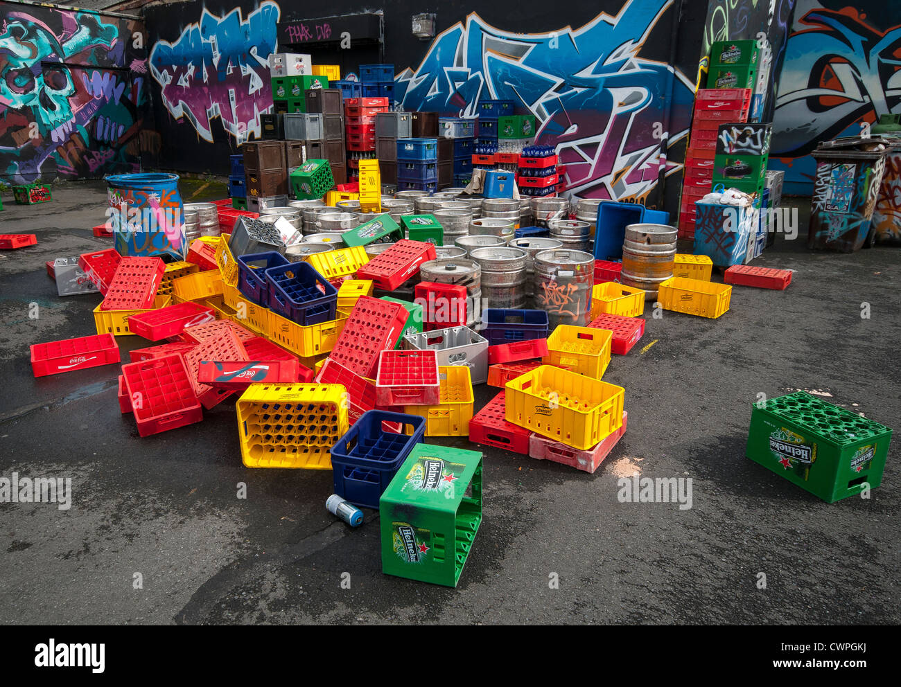 A collection of beer kegs barrels beer bottle and crates Stock Photo ...