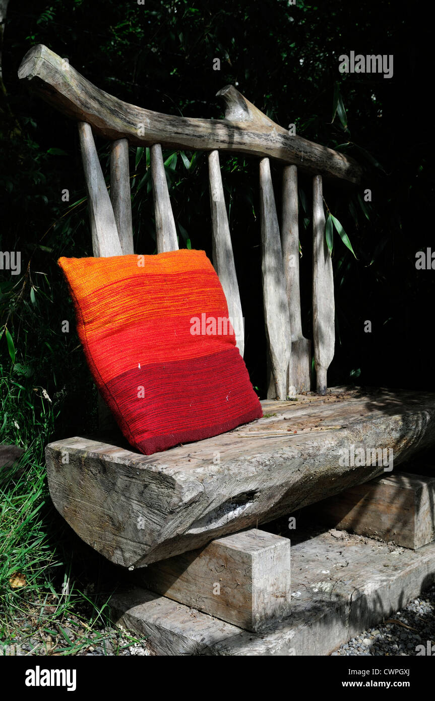 orange cushion rustic wooden wood seat garden bench outdoors outdoor ...