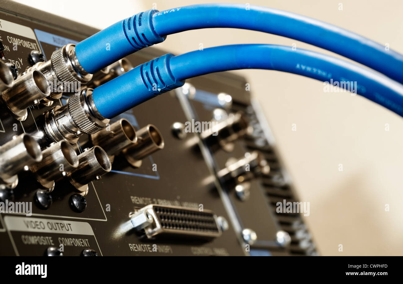 Macro shot of the 2 HD SDI-video cables and digital video connectors on ...