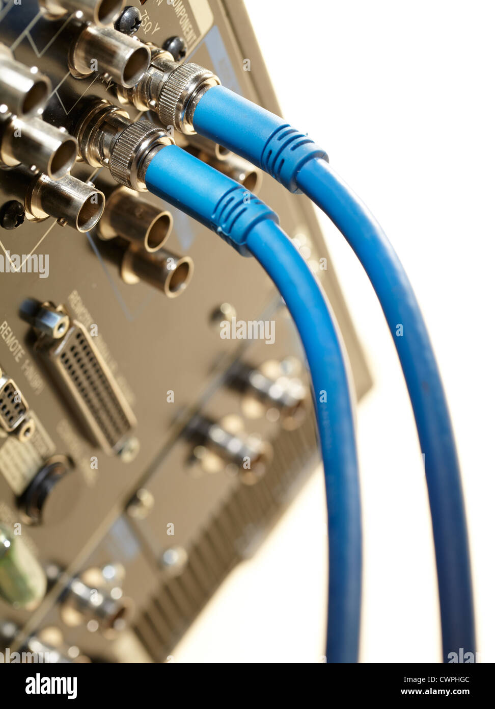 Macro shot of the 2 HD SDI-video cables and digital video connectors on ...