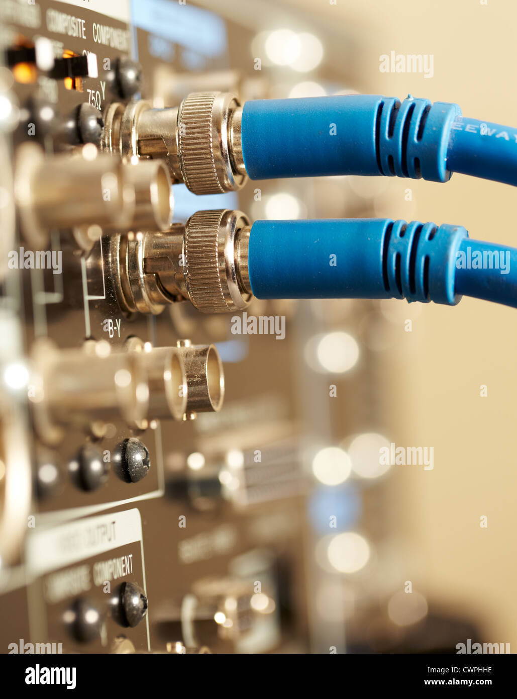 Macro shot of the 2 HD SDI-video cables and digital video connectors on ...