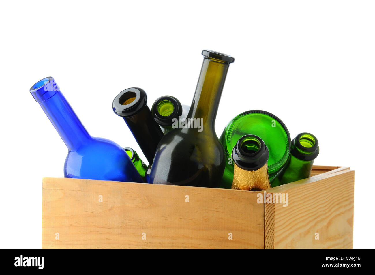A wood box full of empty wine bottles over a white background Stock ...