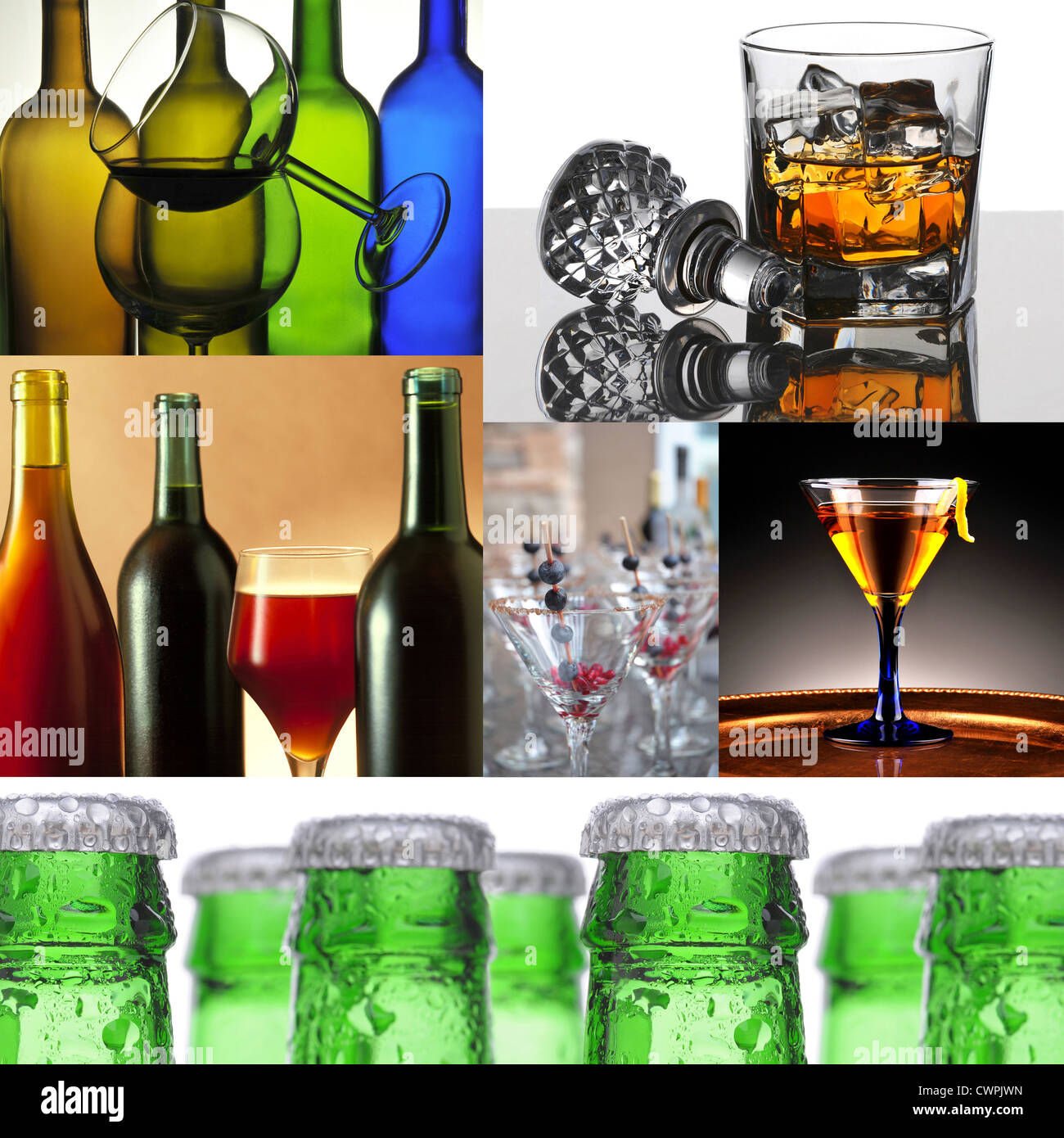 Collage of six alcoholic beverage images. Images include wine, whiskey ...