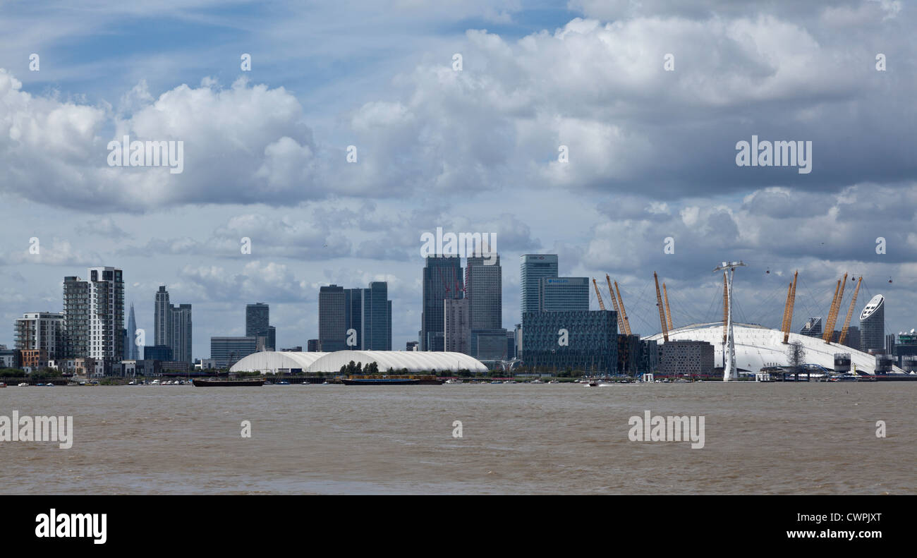 Skyline of London including docklands, the shard, the O2 arena and the ...