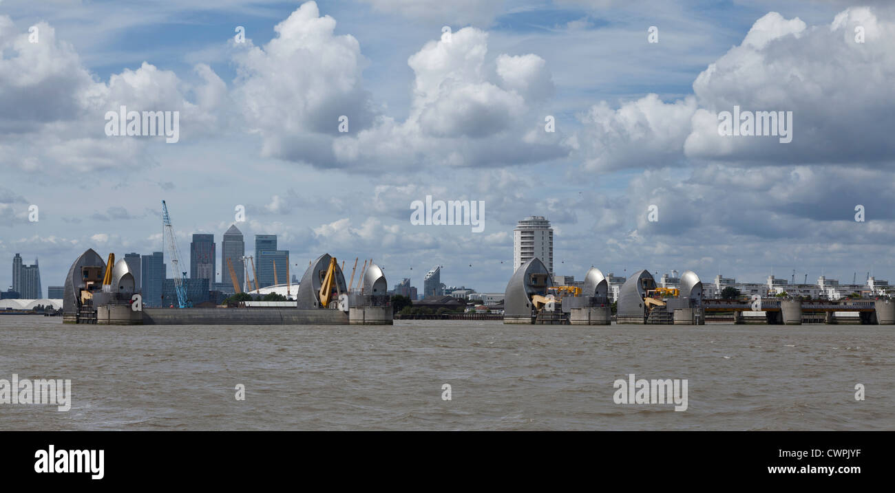 View of the Thames Barrier and the skyline of the 02 building and ...