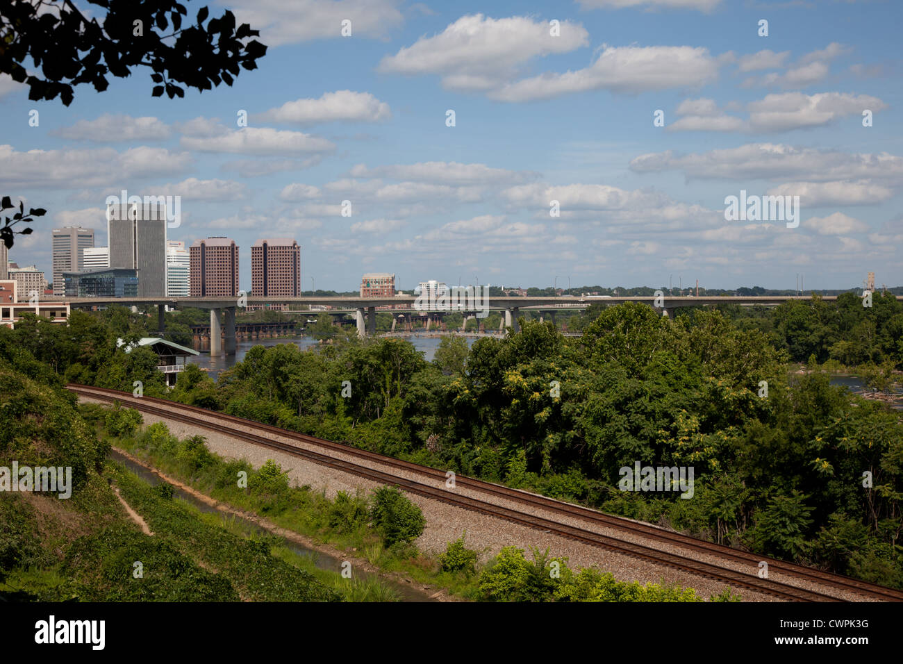 View of Richmond, Virginia from Hollywood Cemetery over train tracks ...
