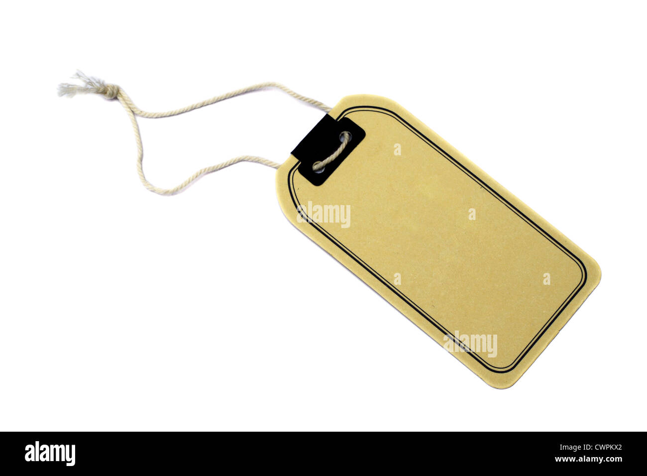 Blank tag tied with string on white background Stock Photo - Alamy