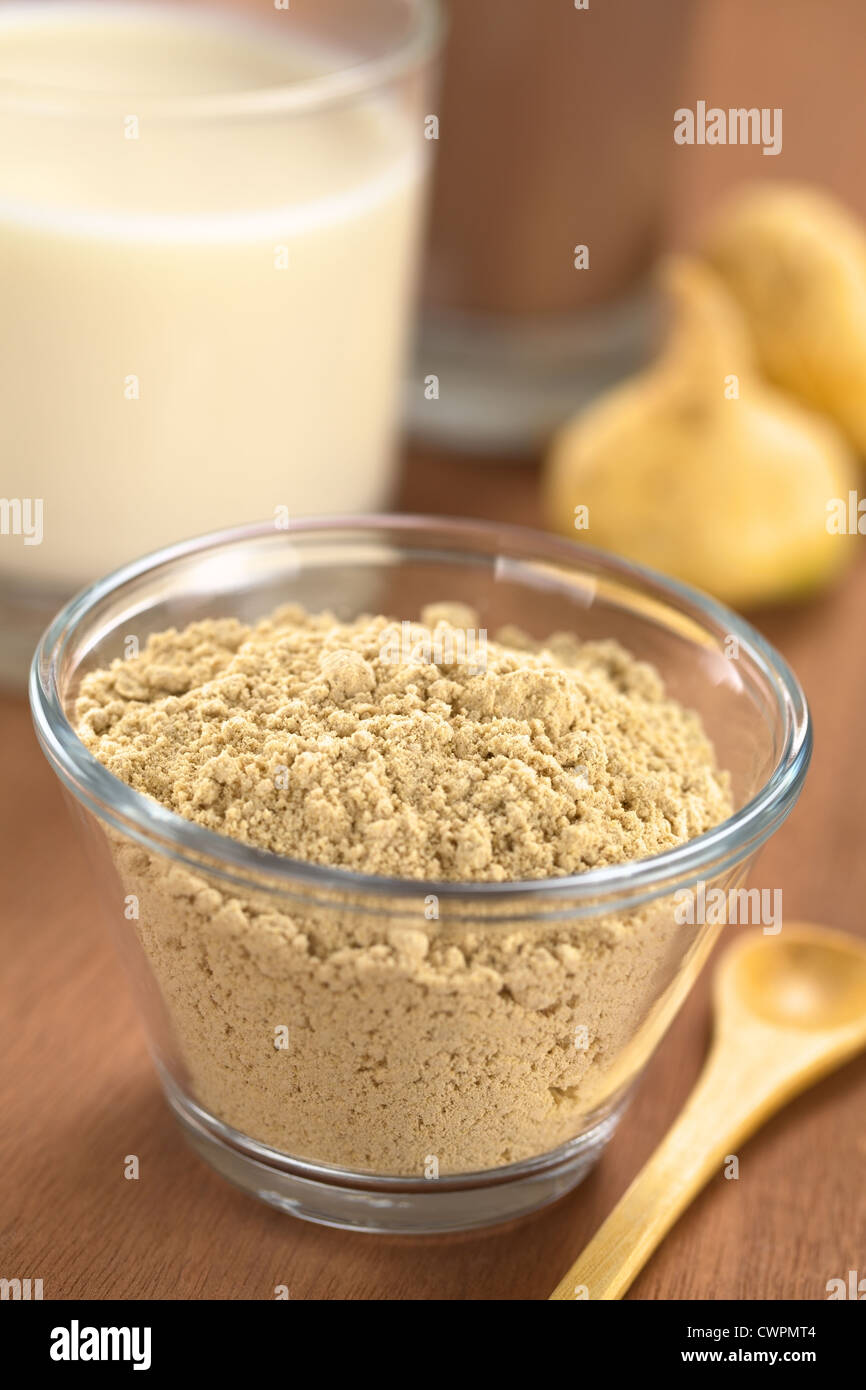 Powdered Maca or Peruvian ginseng (lat. Lepidium meyenii) in glass bowl ...