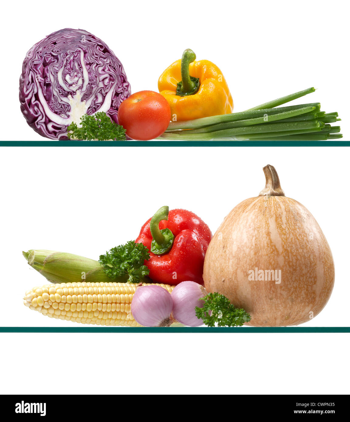 various type of vegetables on glass shelves, studio shot from eye level ...