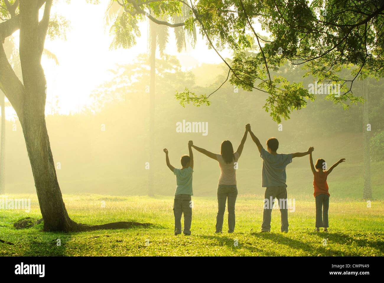 an family jumping in joy in the park during a beautiful sunrise ...