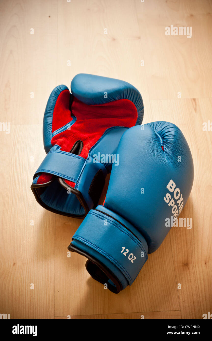 pair of blue boxing gloves on the floor of a gym Stock Photo - Alamy