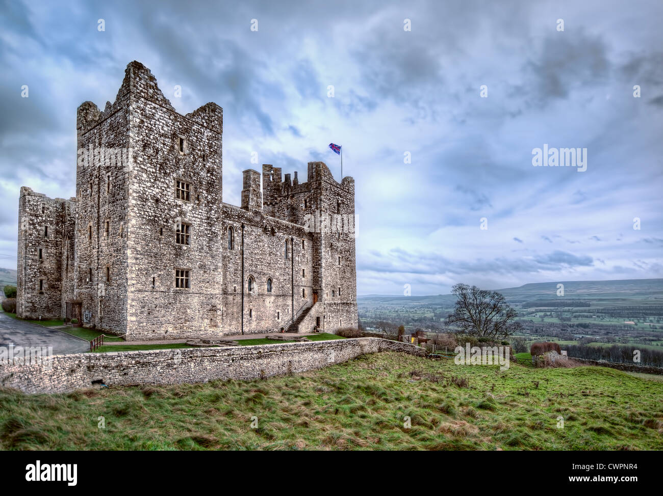 The medieval Bolton Castle in Yorkshire, England stands on a hill ...