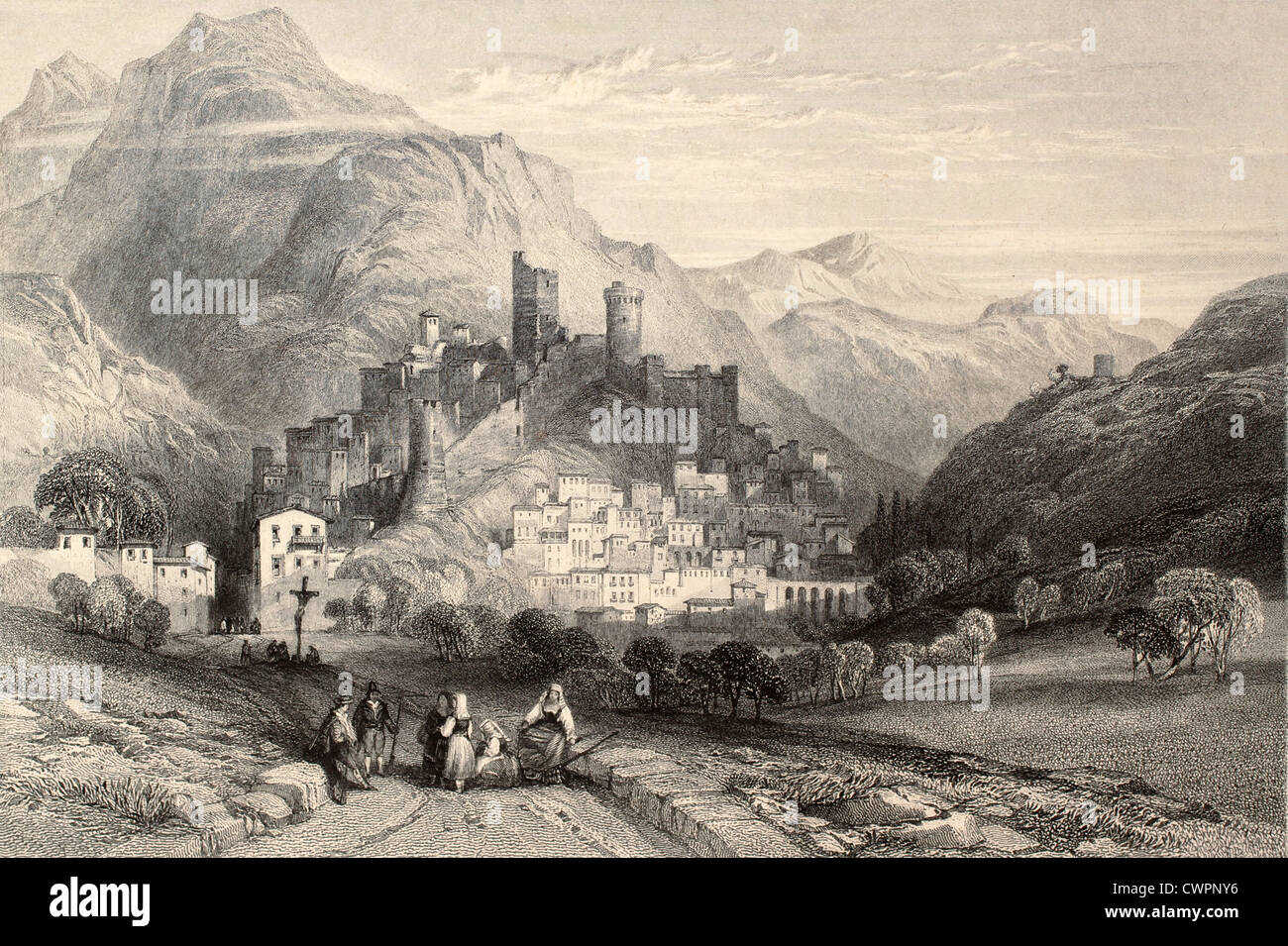 Antique illustration of Itri, Italy, with the old castle Stock Photo ...