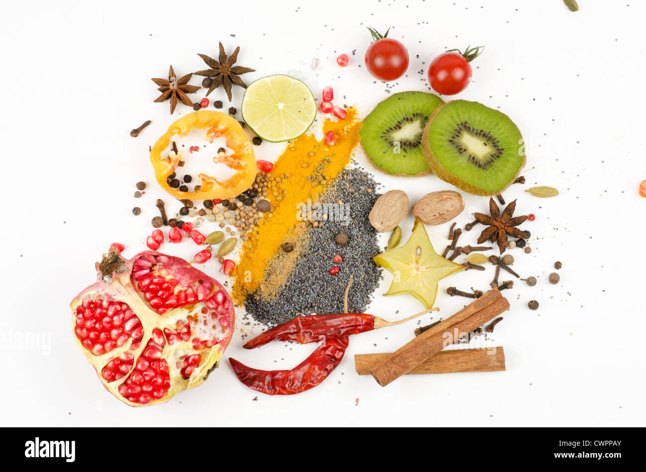 Colorful spices on a white background - beautiful kitchen image Stock ...