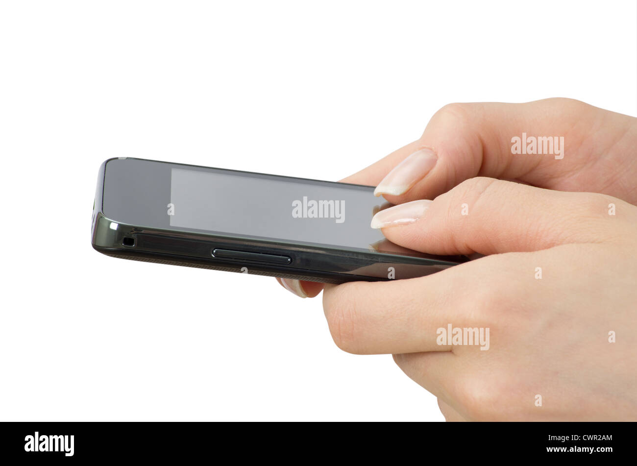 Hand holding mobile isolated on white Stock Photo - Alamy