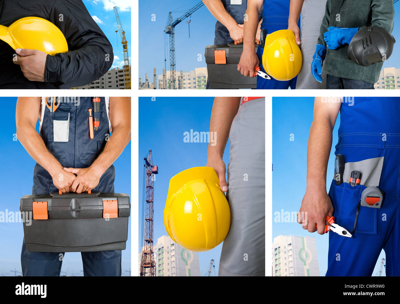 workers with equipment on building background sets Stock Photo - Alamy