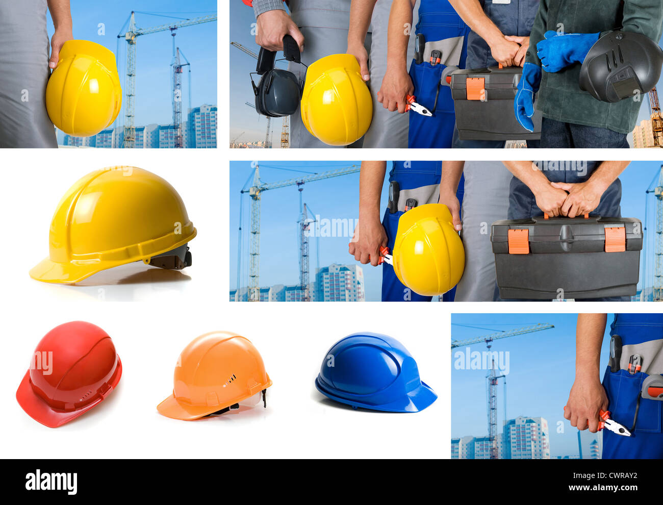 workers with equipment on building background sets Stock Photo - Alamy