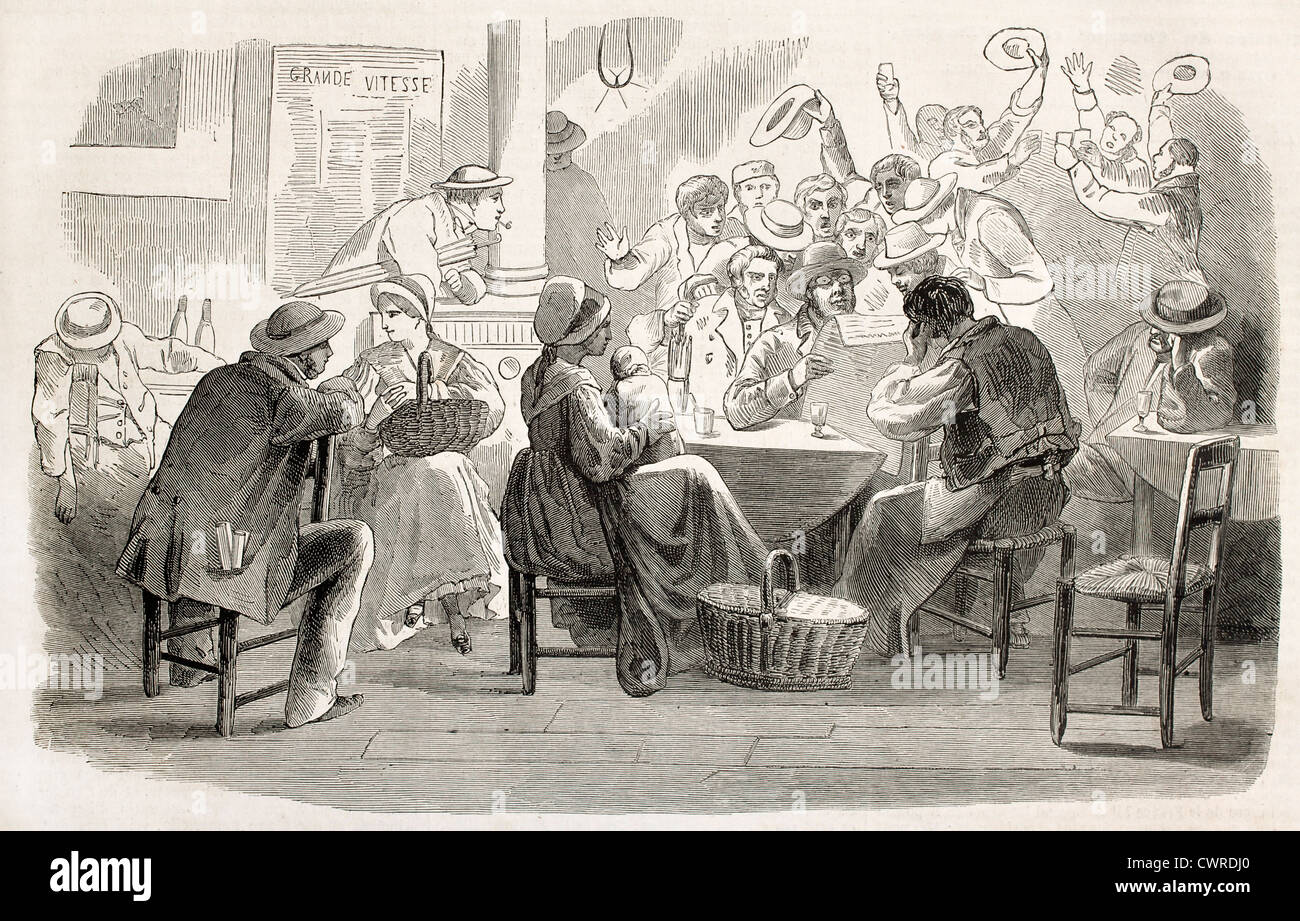 People cheering inside a bar reading good news Stock Photo - Alamy