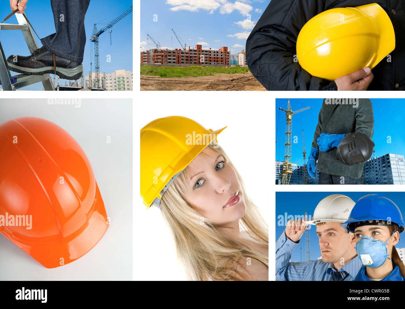workers with equipment on building background sets Stock Photo - Alamy