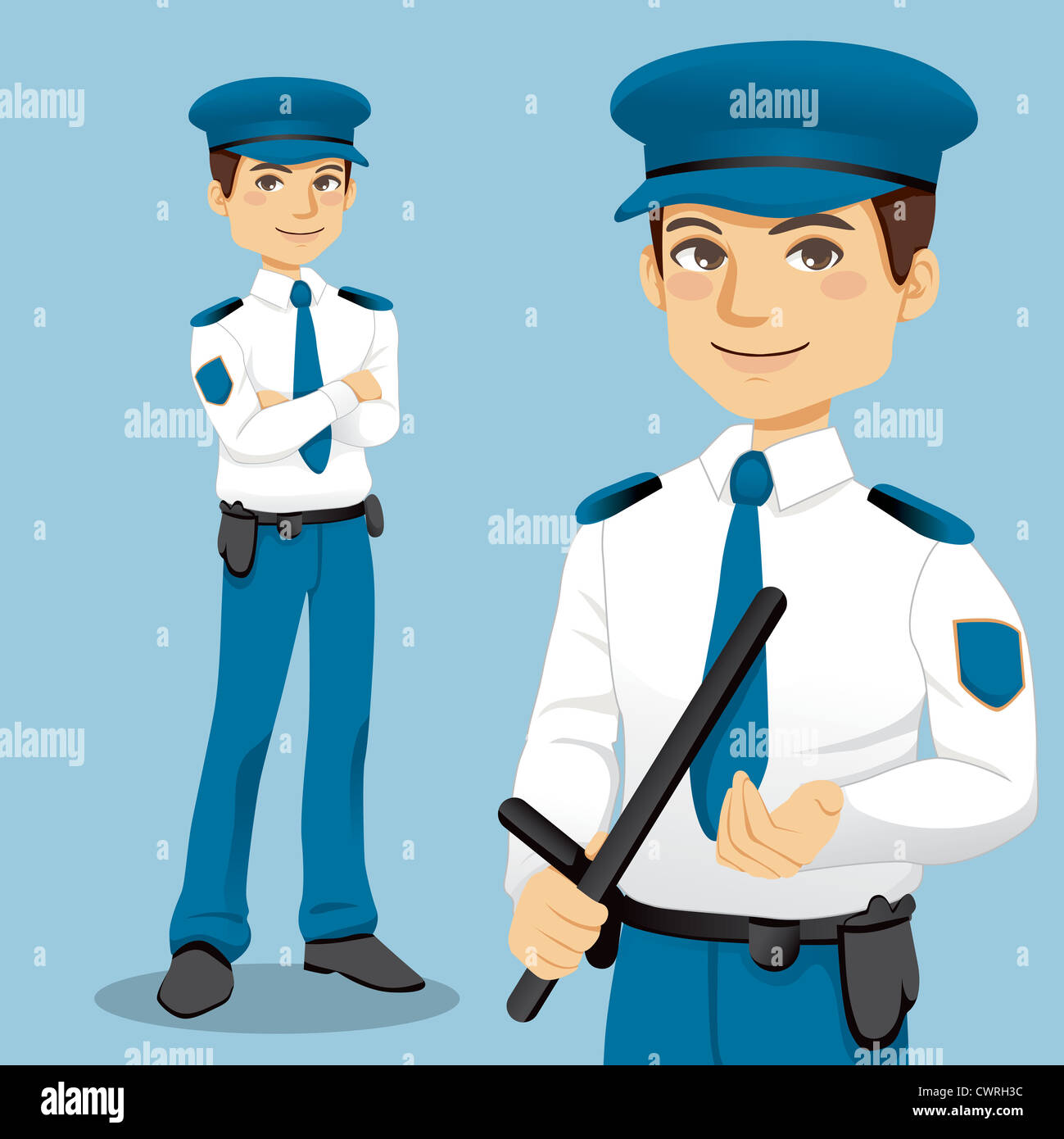 Portrait of handsome professional policeman standing and handling a ...