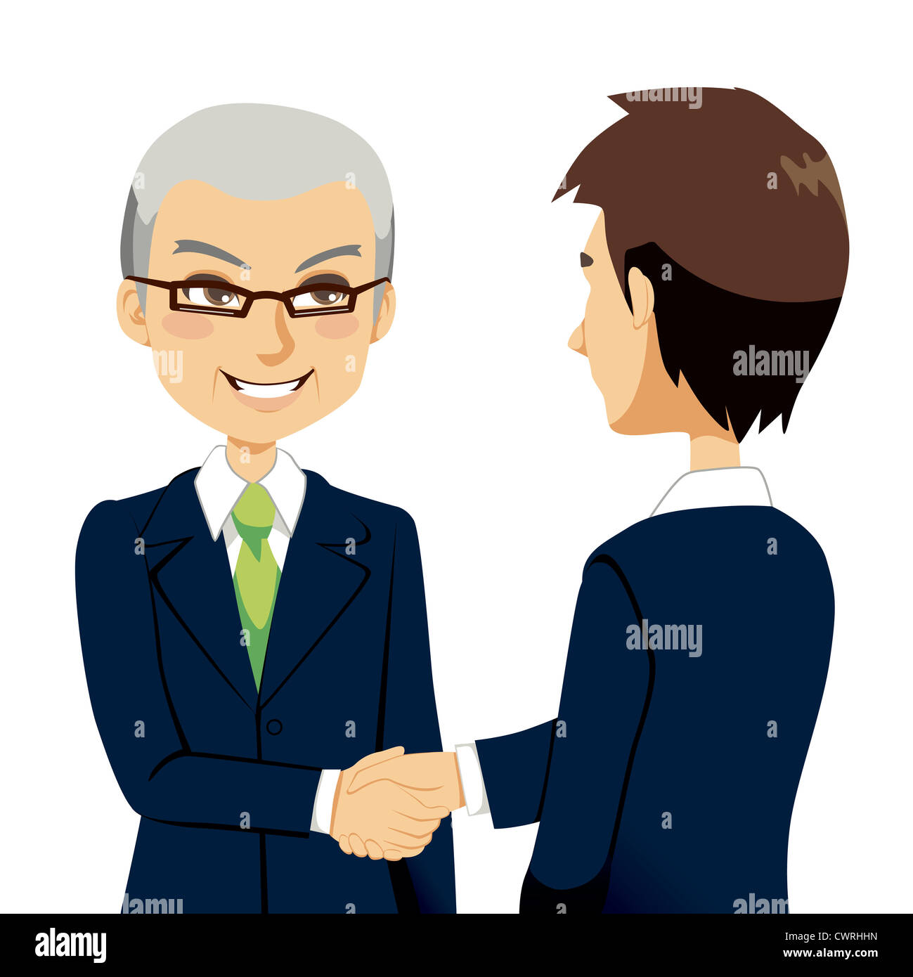 Senior experienced salesman agent greeting with handshake young ...