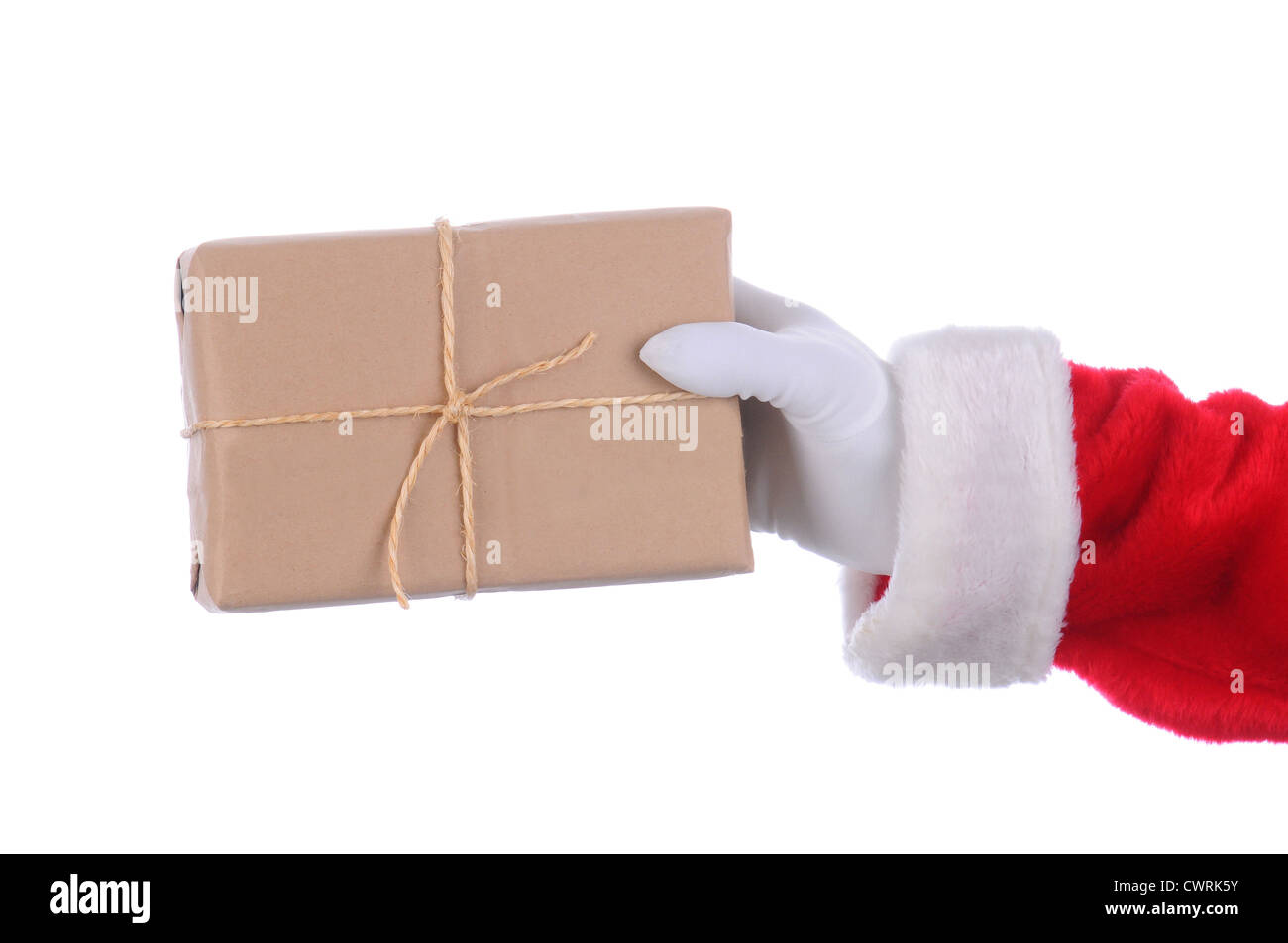 Santa Claus outstretched arm with a parcel in his hand. Horizontal ...