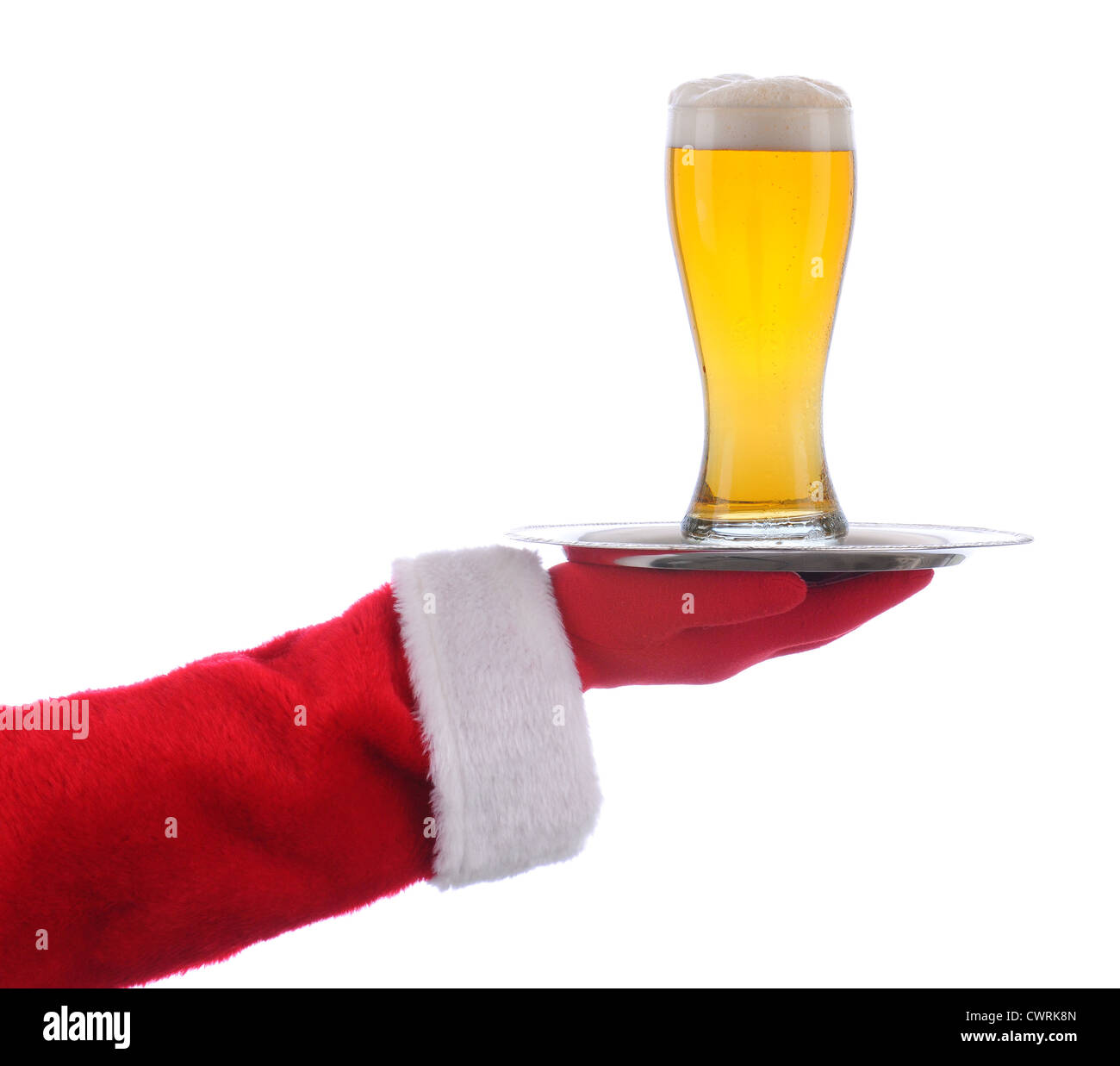 Santa Claus holding a serving tray with a glass of beer over a white ...