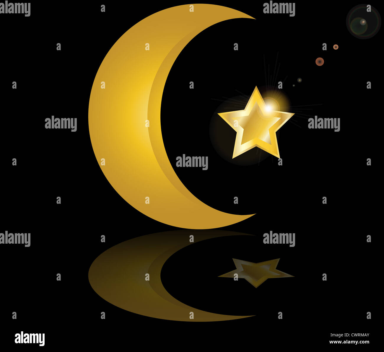 muslim gold star and crescent on black background with reflection ...