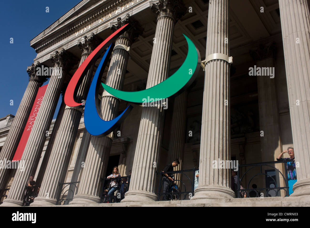 The Paralympic agitos logo hangs between the pillars of the National ...