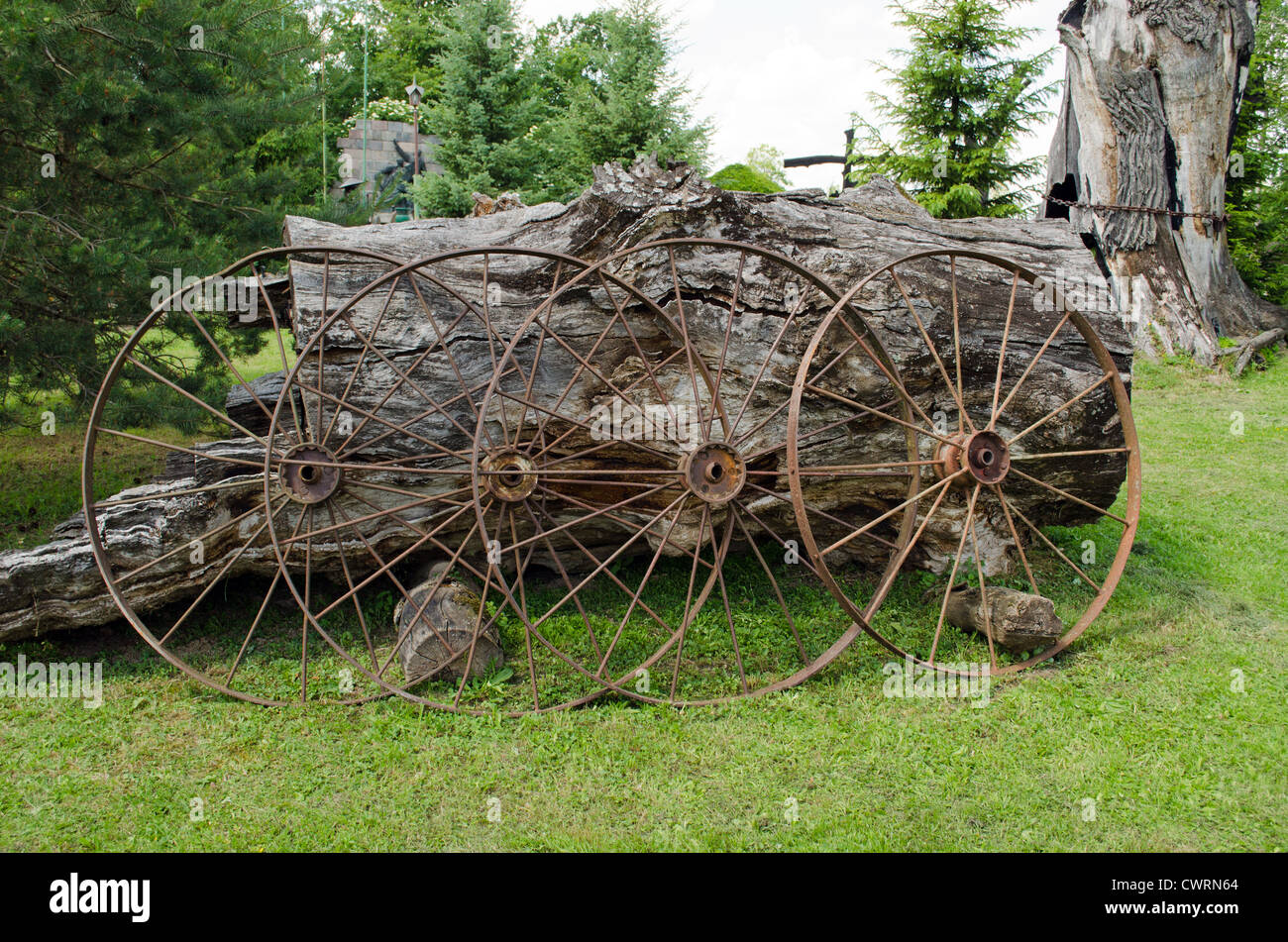 Old rusty carriage wheels lean to old tree trunk in ancient objects ...