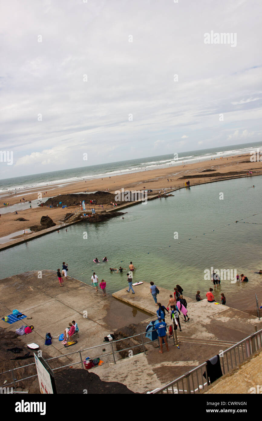 Bude beach and man made lido beach pool in Cornwall, England, UK Stock ...