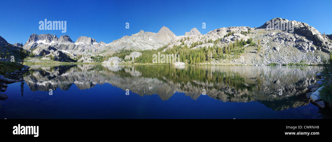 Panorama of Ediza Lake and the Minaret Range and Mount Banner and ...