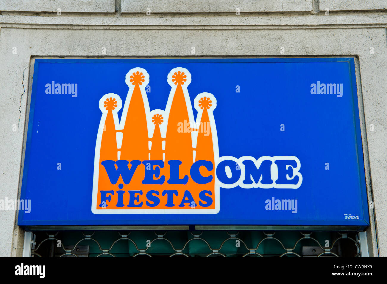 Signage of WELCOME bar with Sagrada Familia graphic in Barcelona ...