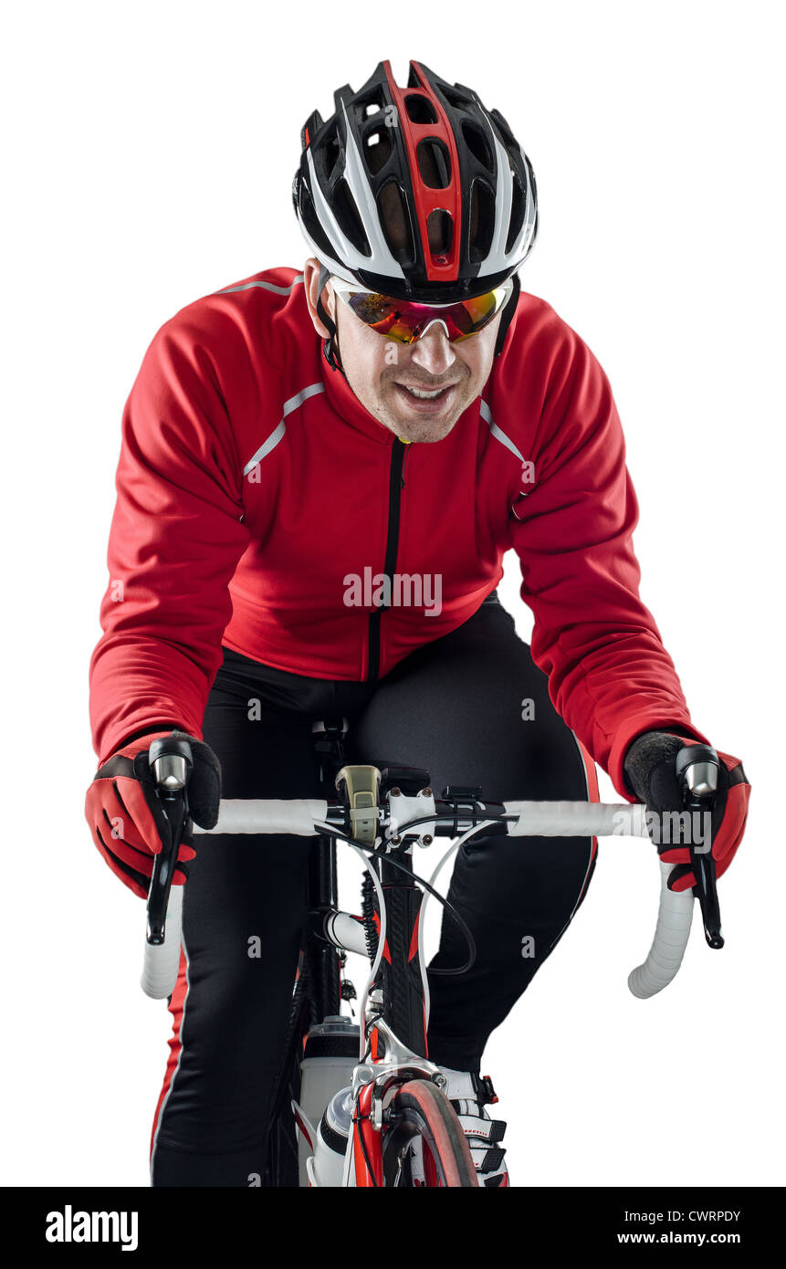 Cyclist riding a bike isolated on white background Stock Photo - Alamy