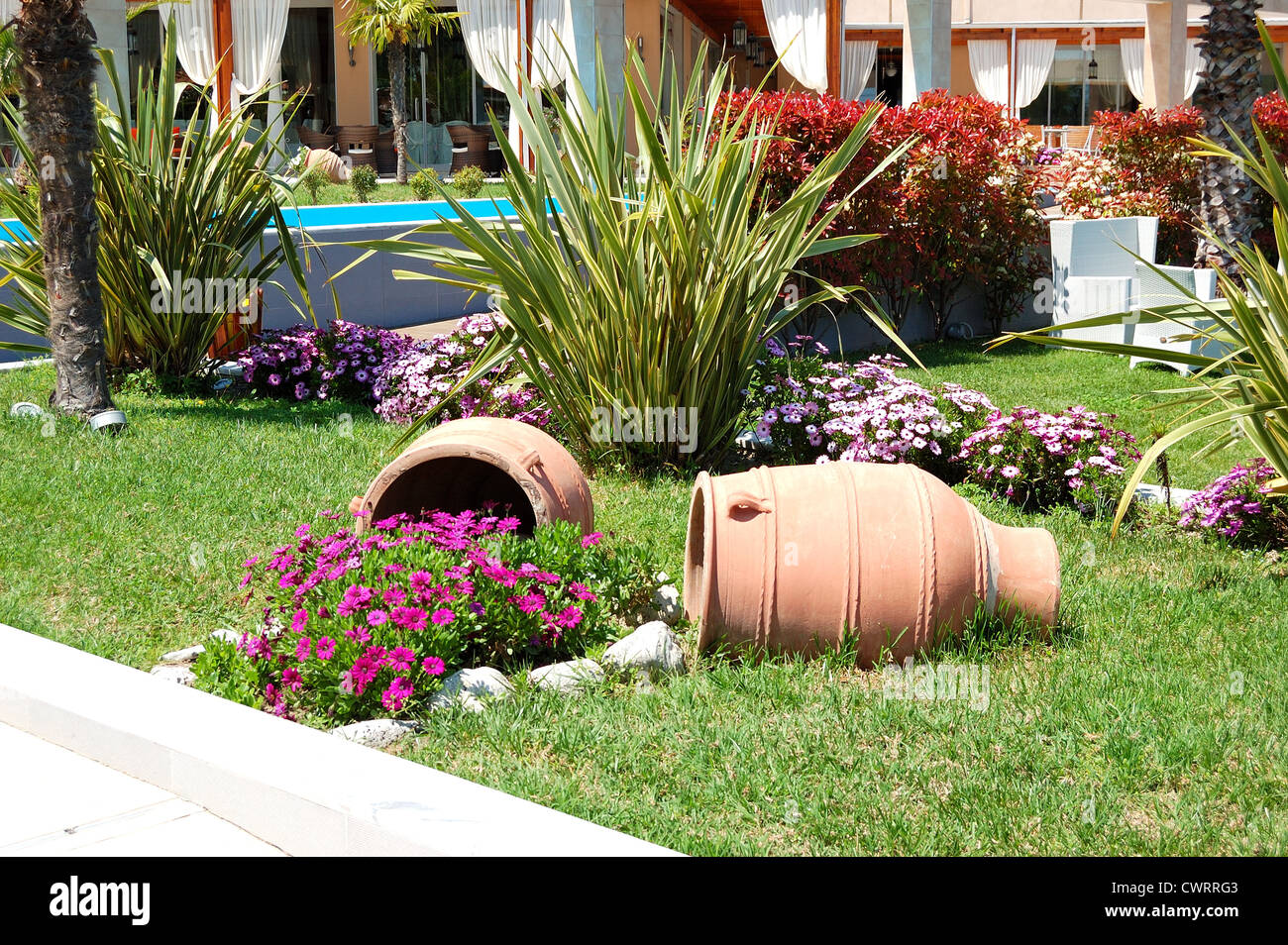 Decoration with amphoras of luxury hotel, Pieria, Greece Stock Photo ...