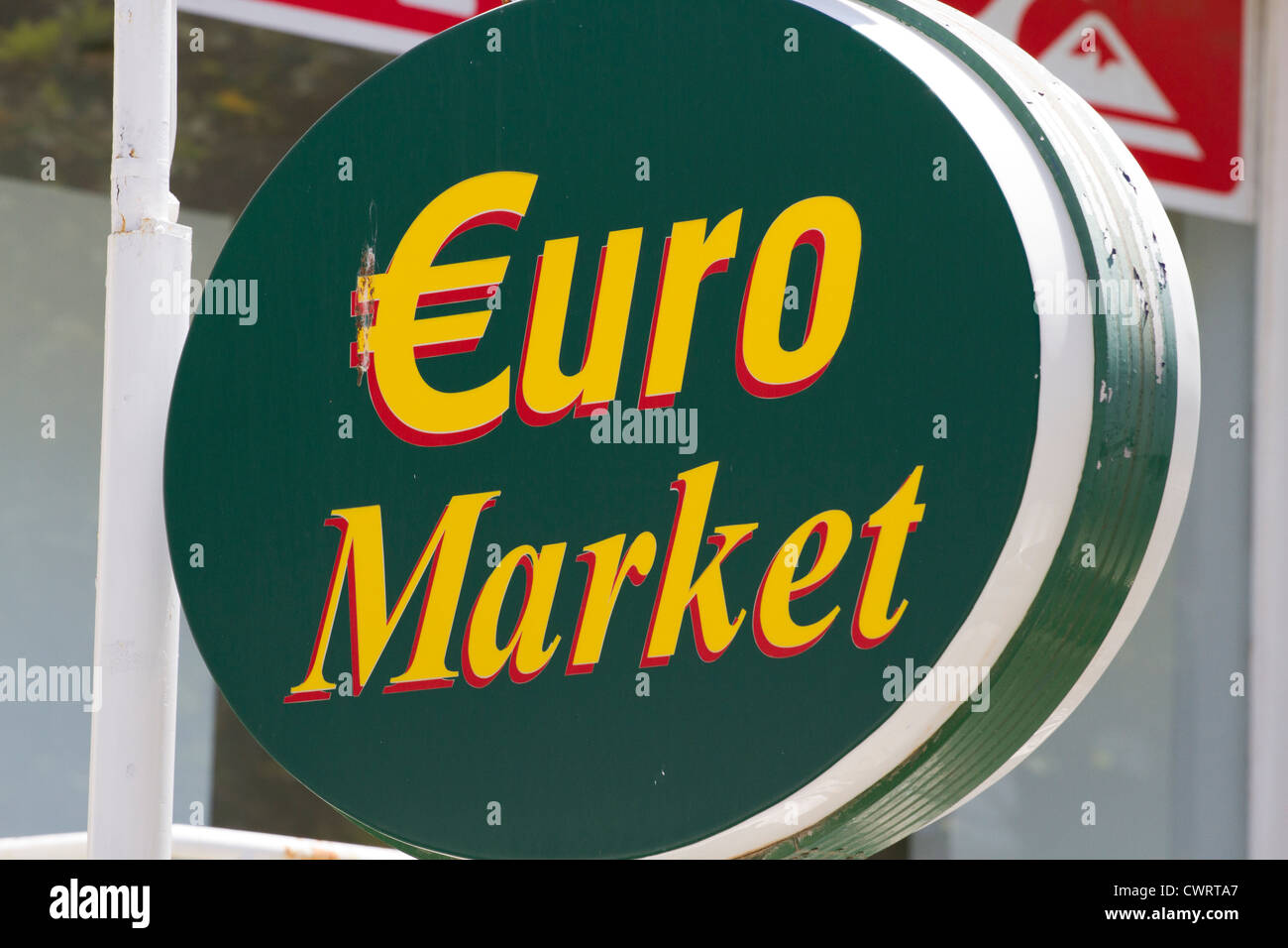 A sign advertising a market in Rhodes by the name of euro market, on ...