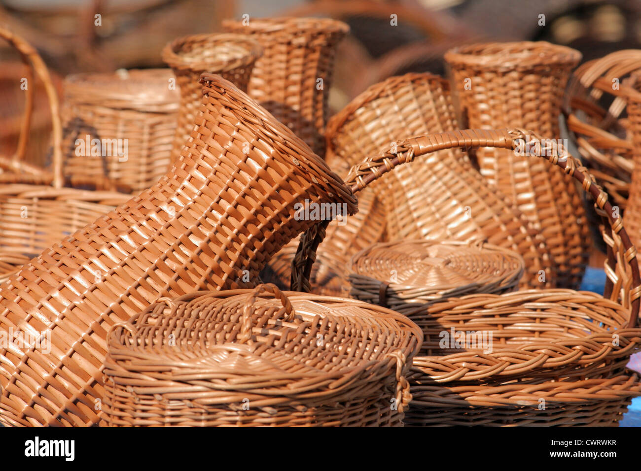 Hand made wicker products at the street market Stock Photo - Alamy