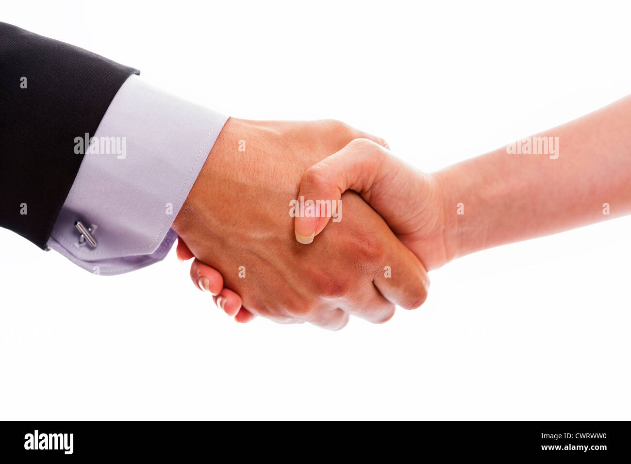 Man and woman handshake closeup on white background Stock Photo - Alamy