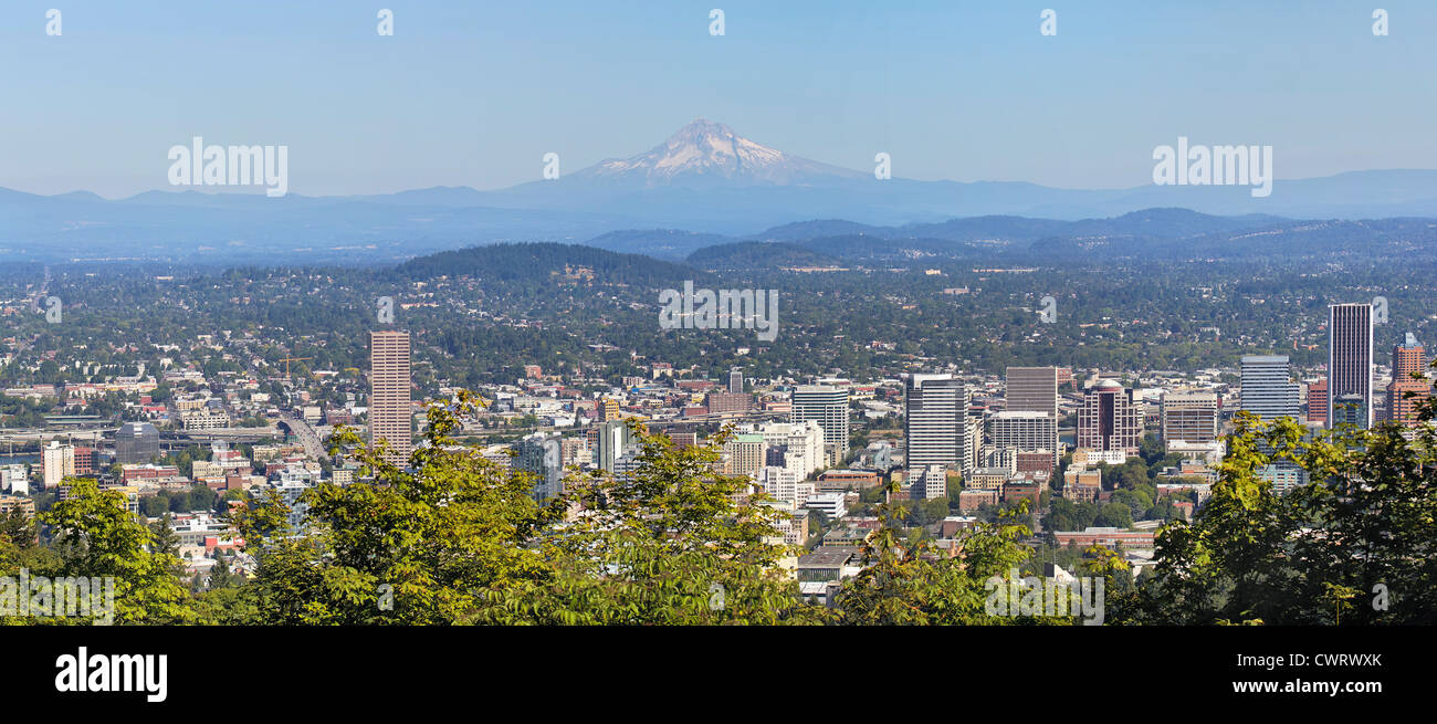 Portland Downtown Cityscape and Landscape with Mount Hood and Trees ...