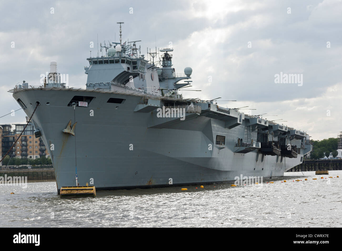 The Royal Navy ship HMS Ocean at Greenwich in London to provide air ...