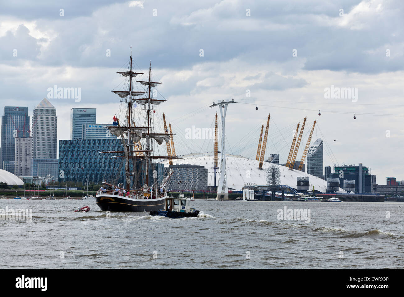 Dutch tall ship sailing on the River Thames in London near the 02 Arena ...