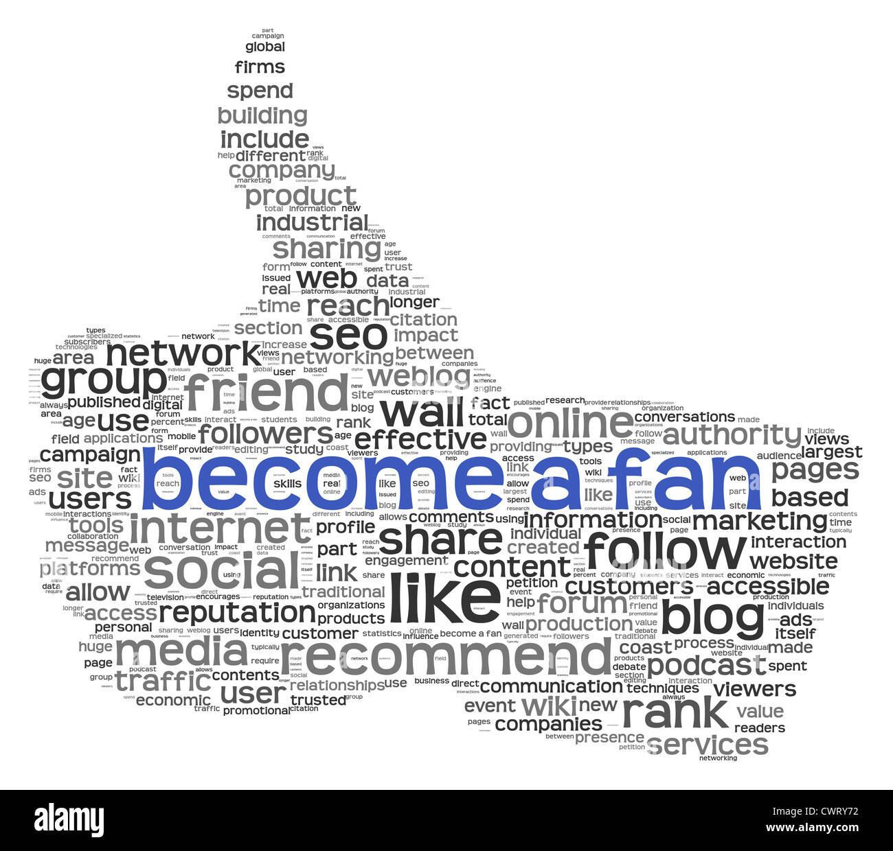 Become a fan concept in tag cloud of thumb up shape isolated on white ...