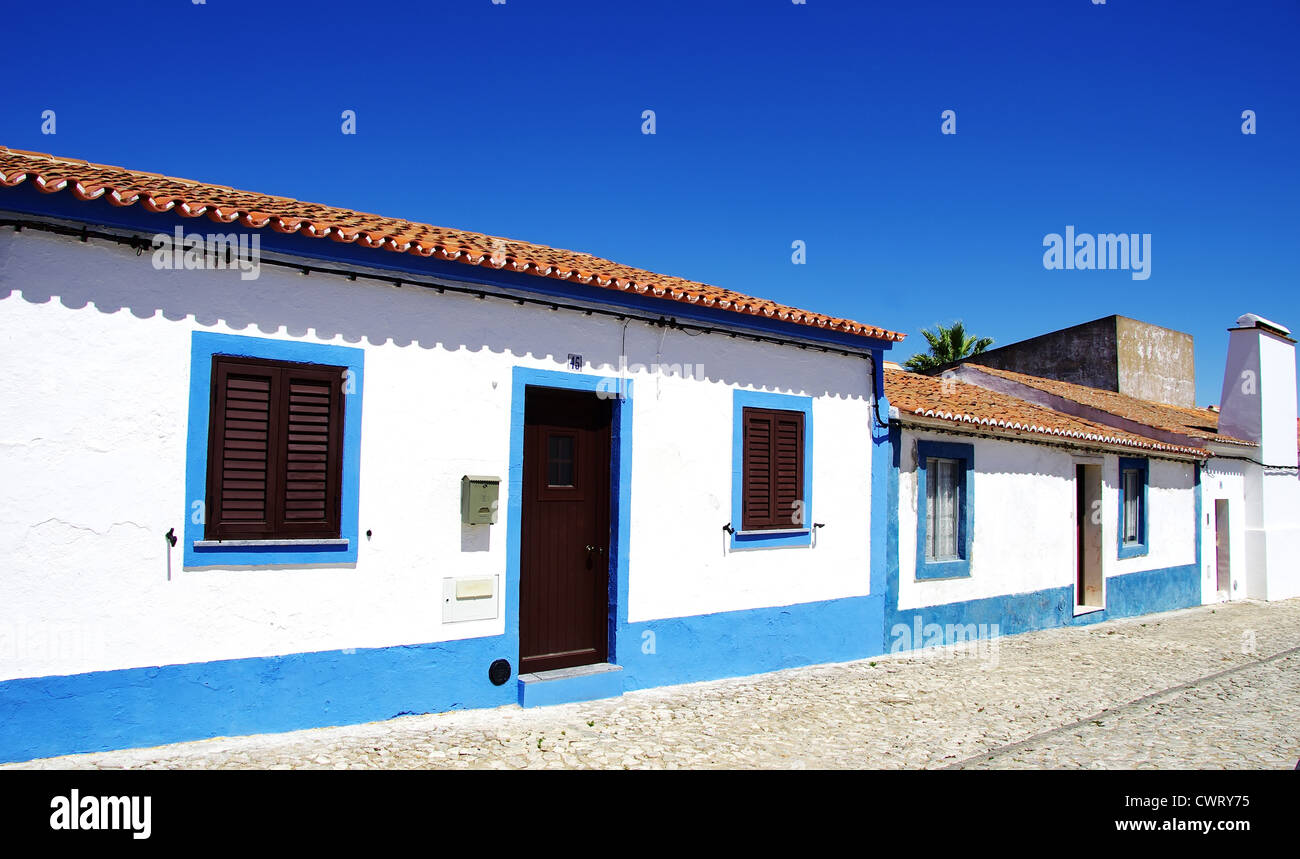 Blue street in alentejo village, Portugal Stock Photo - Alamy
