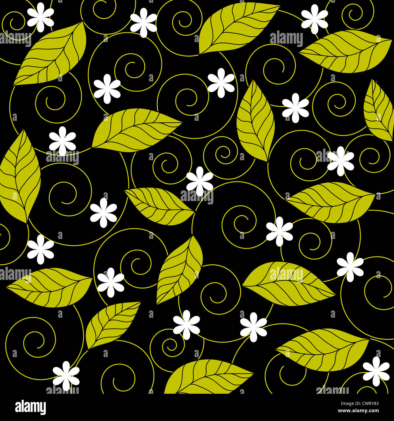 Flowers, leaves and spiral pattern on black Stock Photo - Alamy