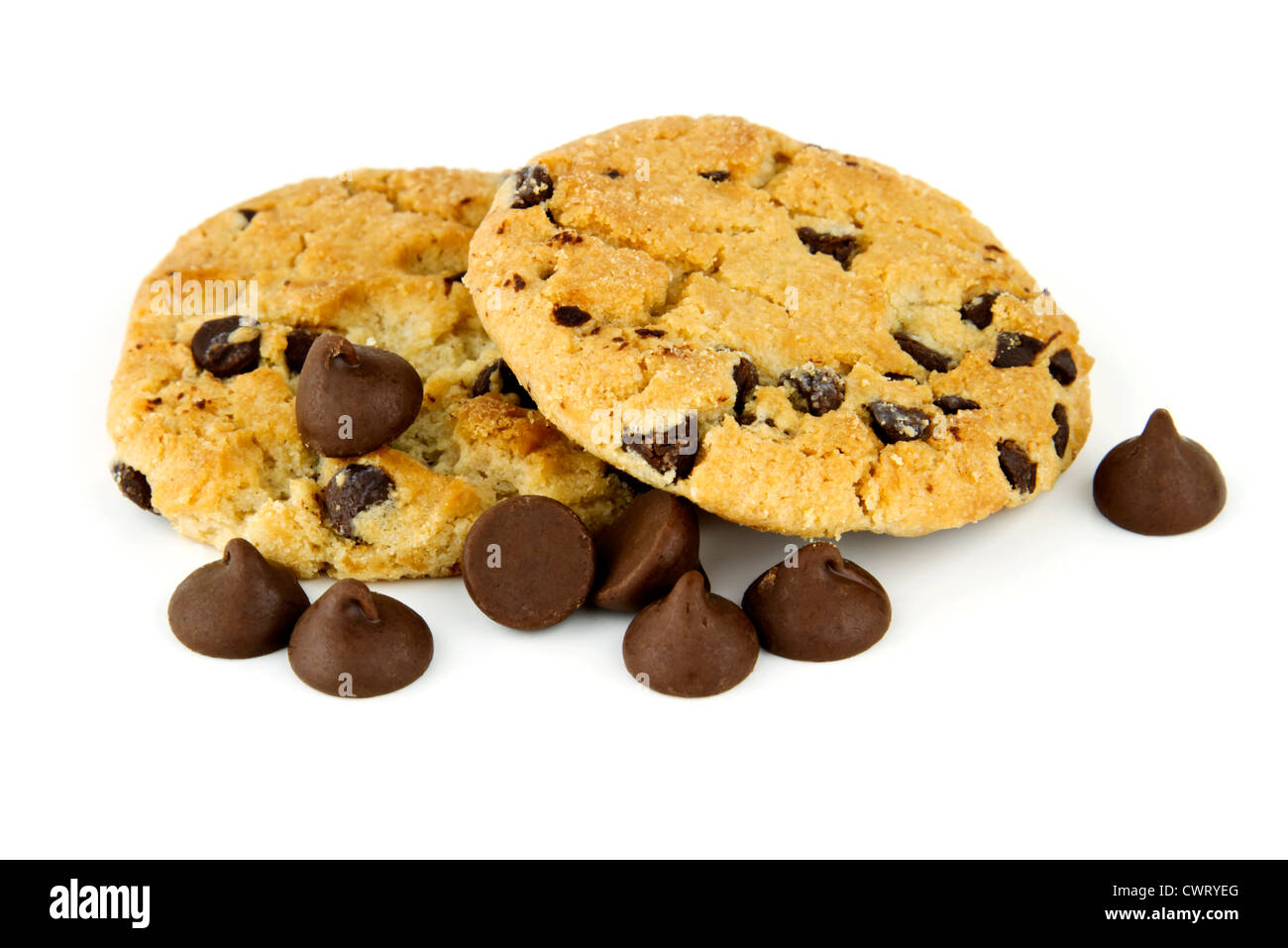Delicious chocolate chip cookies with scattered chocolate chips against ...