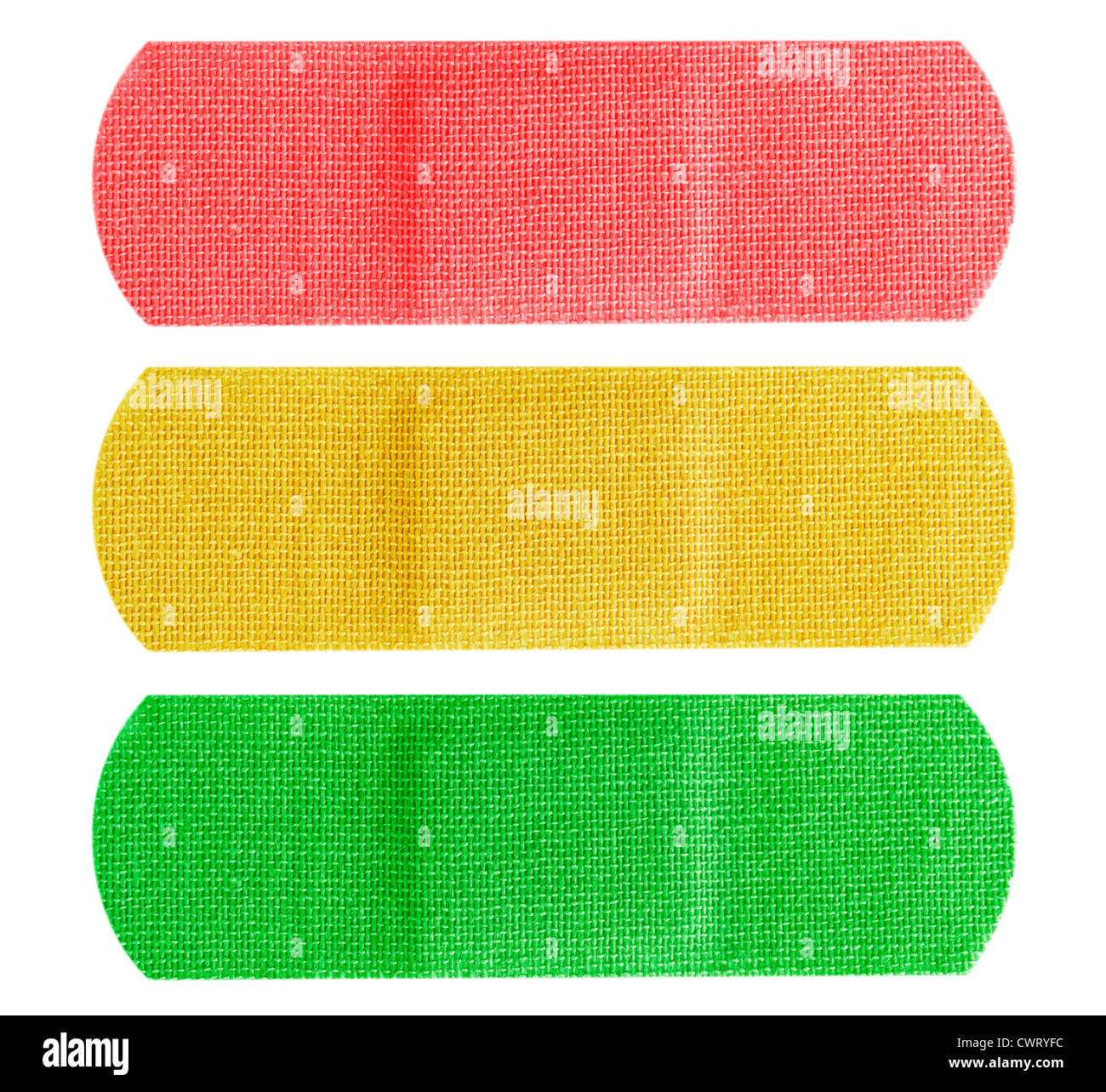 Red, yellow and green color bandaids or bandages isolated on white ...