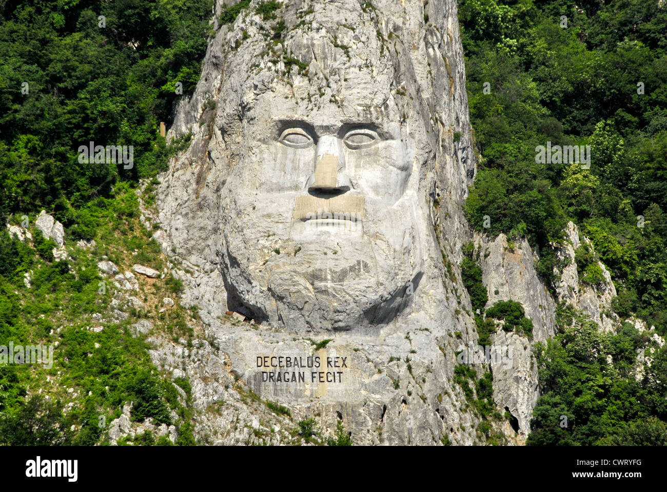 Decebalus Rex cliff carving in the Iron Gates gorge on the Danube River ...