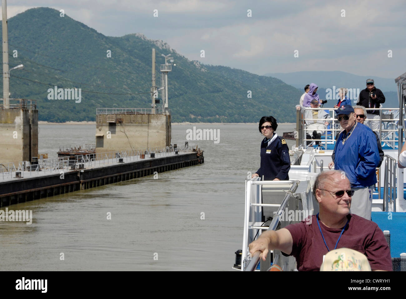 Riverboat going through the Iron Gates gorge on the Danube River ...