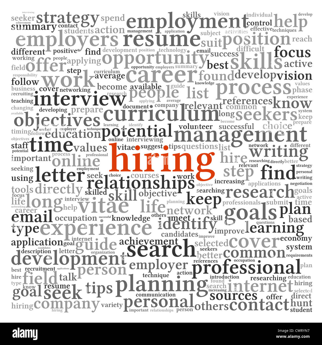 Hiring and job search concept in word tag cloud on white background ...